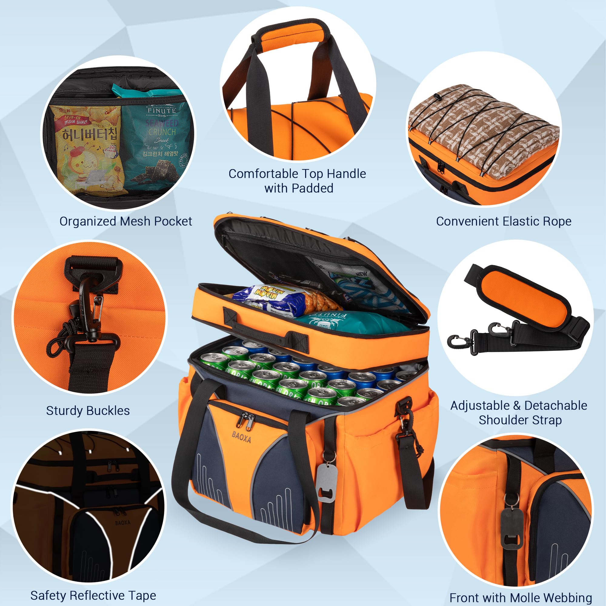 BAOXA Dual Compartment Soft Sided Cooler Bag, 55 Cans Collapsible Lunch Cooler Bags Insulated, Large Lunch Box for Men, Leak proof Lunch Bag for Beach Camping Travel Picnic (Orange)