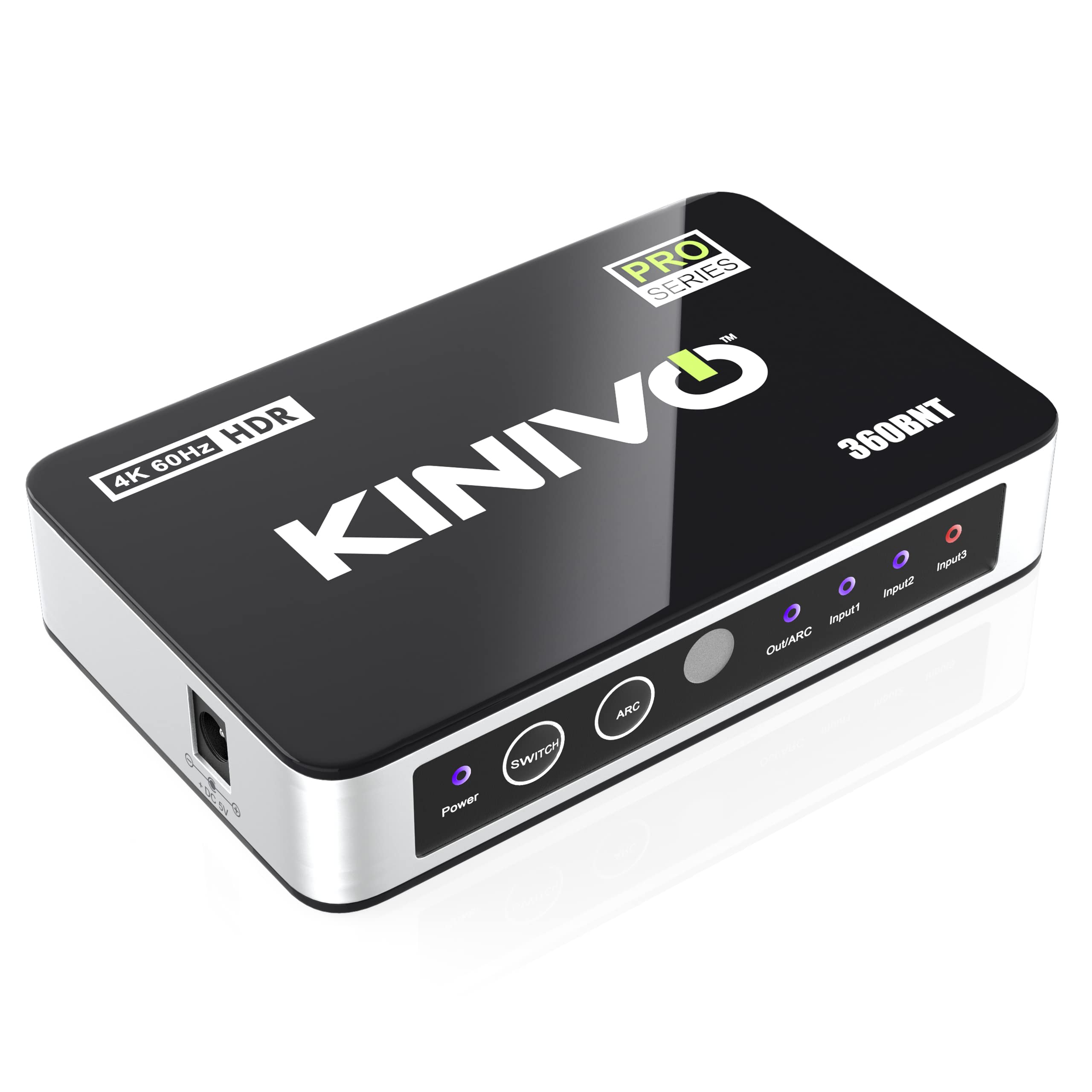Kinivo HDMI Switch with Audio Extractor 360BNT (3 in one out, Toslink Optical Audio Port, SPDIF, 4K 60Hz, High Speed 18Gbps, IR Remote) - Compatible with Roku, PS5, Xbox, Apple TV, Dolby Digital/Atmos