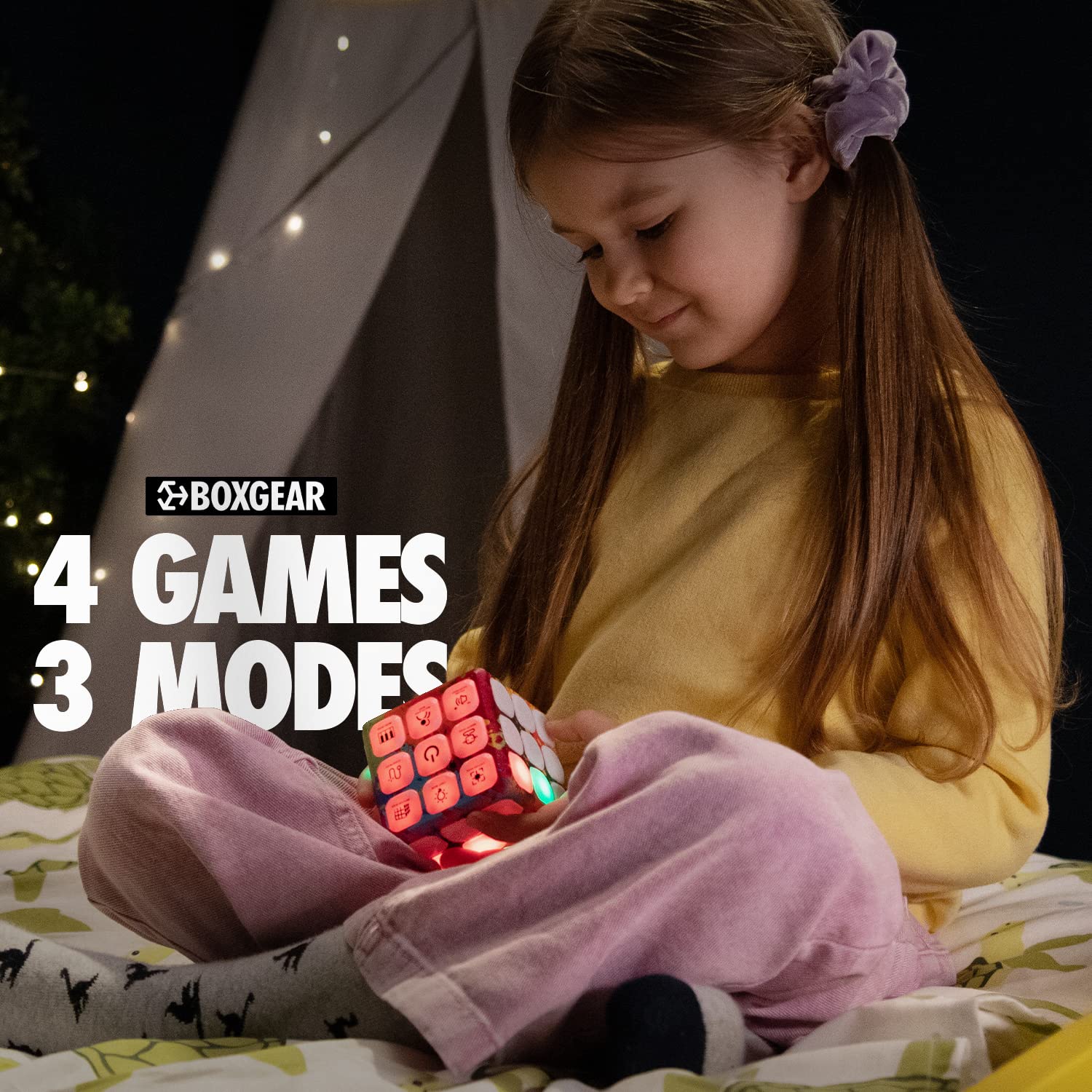 Boxgear Flashing Cube Memory Game – LED Flashing Puzzle Cube for Adults and Children – Sensory Fidget Cube with 5 Brain Games – Light Up Handheld Cube Fidget Toy for Stress Relief and Stimulation