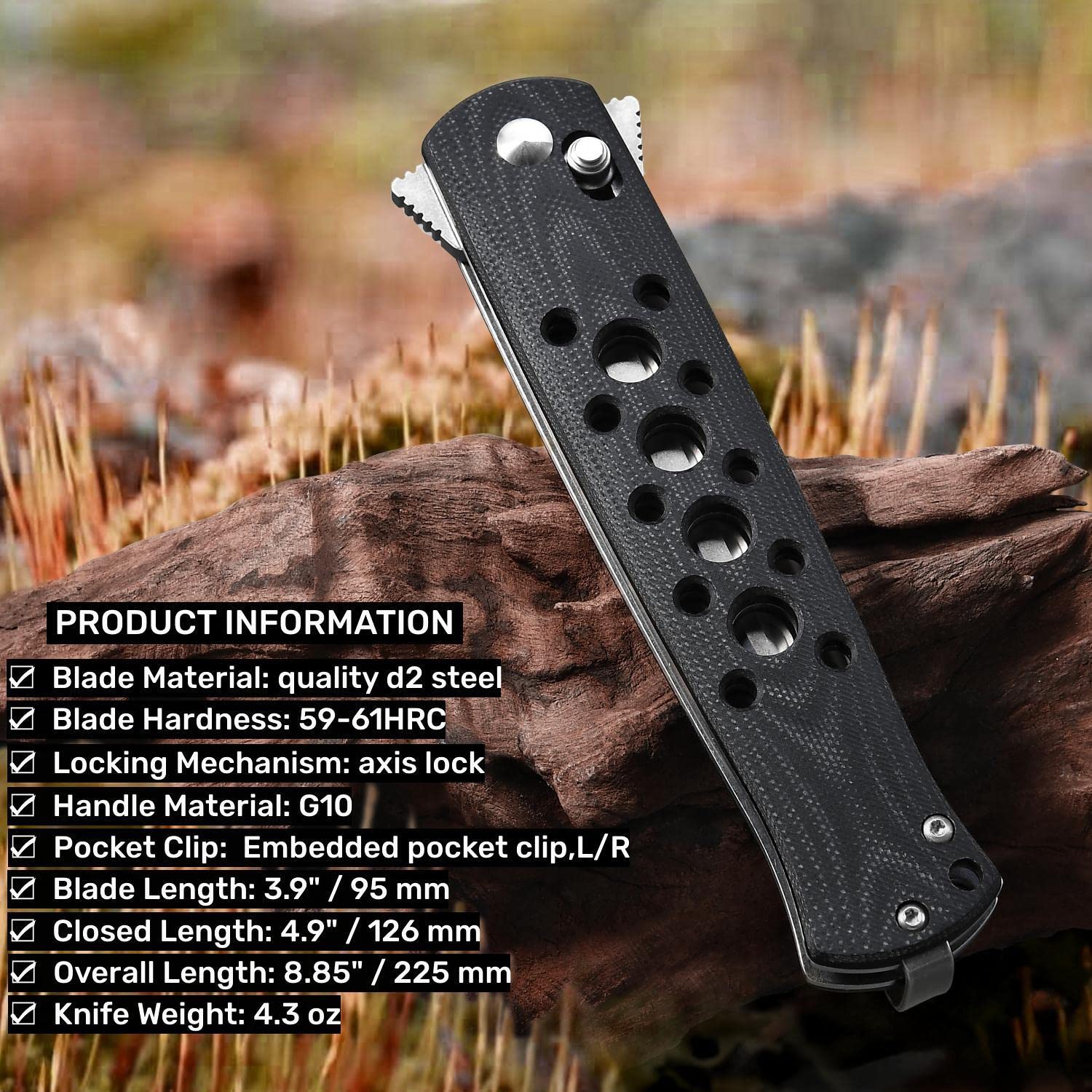 COHOMELARS Axis Lock Flipper Knife,Folding Pocket Knife with Clip, 4'' D2 Steel Blade,G10 Fiberglass Handle,EDC Knife for Men,Cold Steel Folding Knives