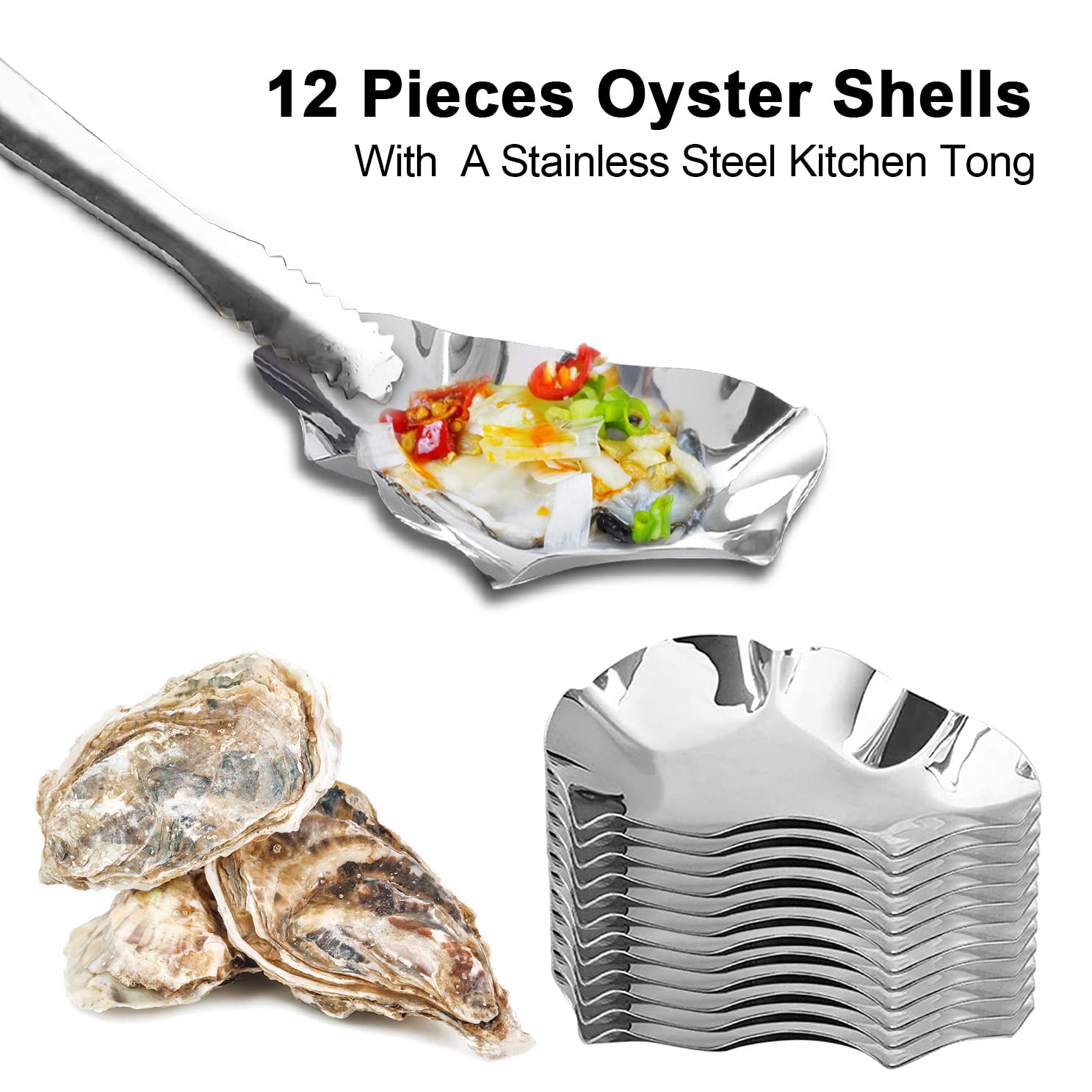Rrtizan Oyster Shells,12 Pcs Set Oyster Shells with Kitchen Tongs, Oyster Shells for Cooking, Perfect for Grilled Seafood Sauce Tray Stainless Steel Reusable