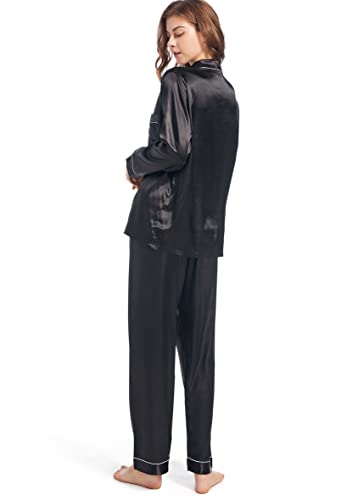 Fivali Womens Silk Satin Pajamas Long Sleeve Pj Set Two-piece Sleepwear Silky Button-down Nightwear Soft Loungewear Sets, XXL Black
