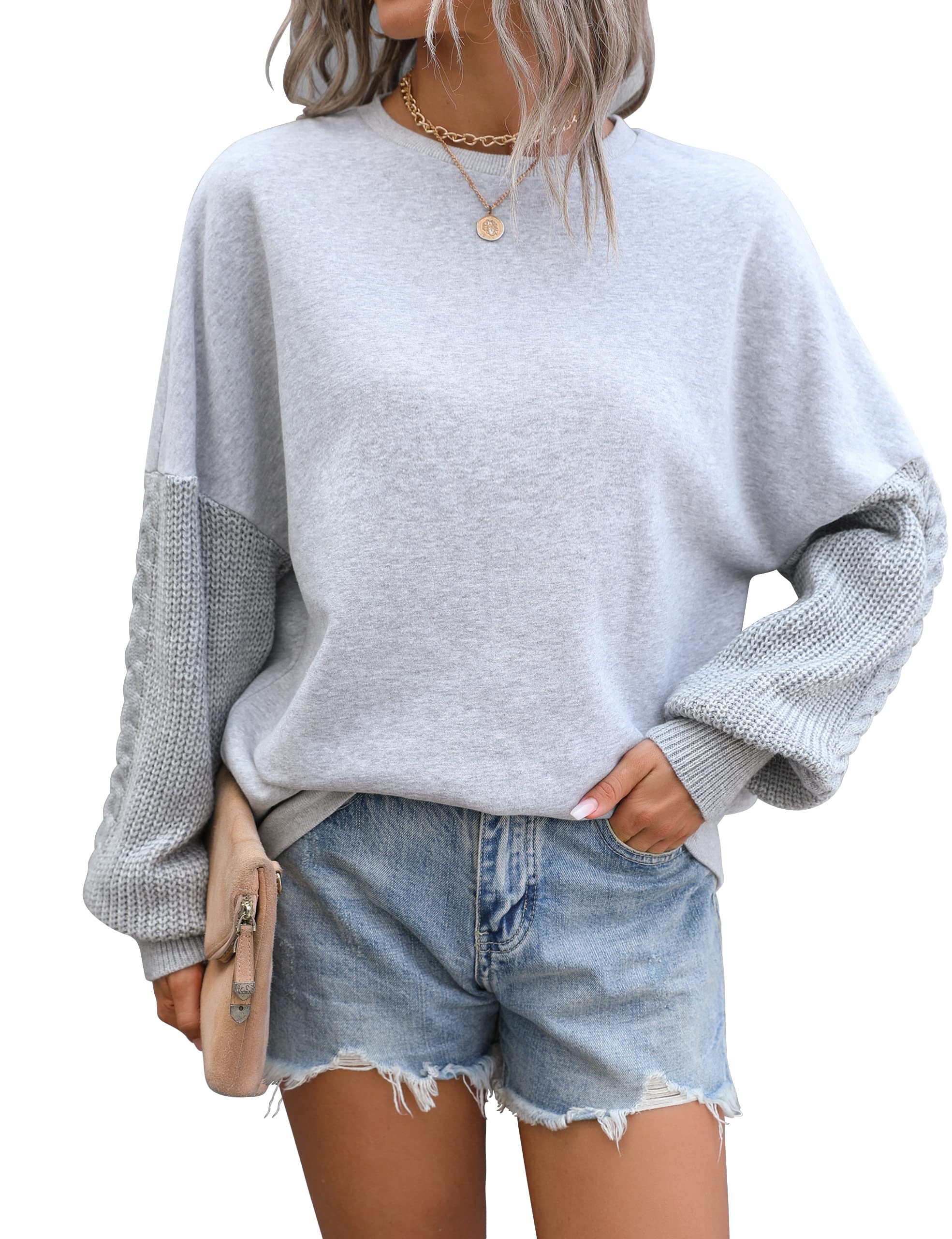 Blooming Jelly Womens Oversized Crewneck Sweatshirts Casual Fall Long Sleeve Cable Knit Chunky Pullover Sweater Tops Grey