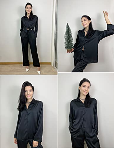 Ekouaer Black Silk Pajamas for Womens Satin Soft Sleepwear Long Sleeve Button loungewear Pj Set with Pockets Black Large