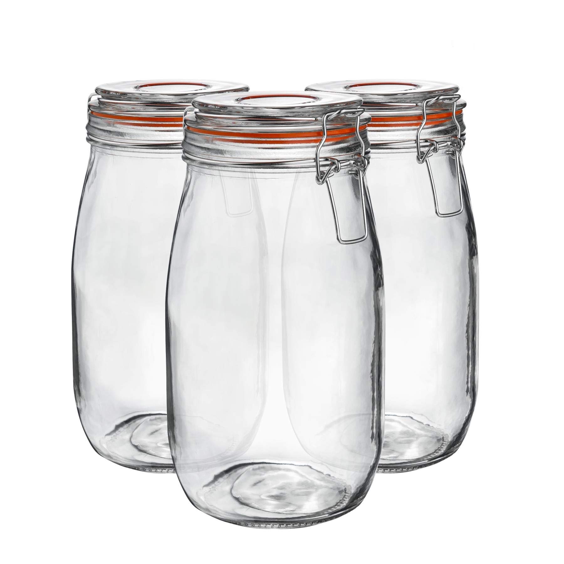 Argon Tableware 6X 1500ml (1.5 Litre) Clear Glass Storage Jars with Orange Airtight Silicone Seal and Metal Clip Lids - 50.7oz Large Empty Kitchen Containers