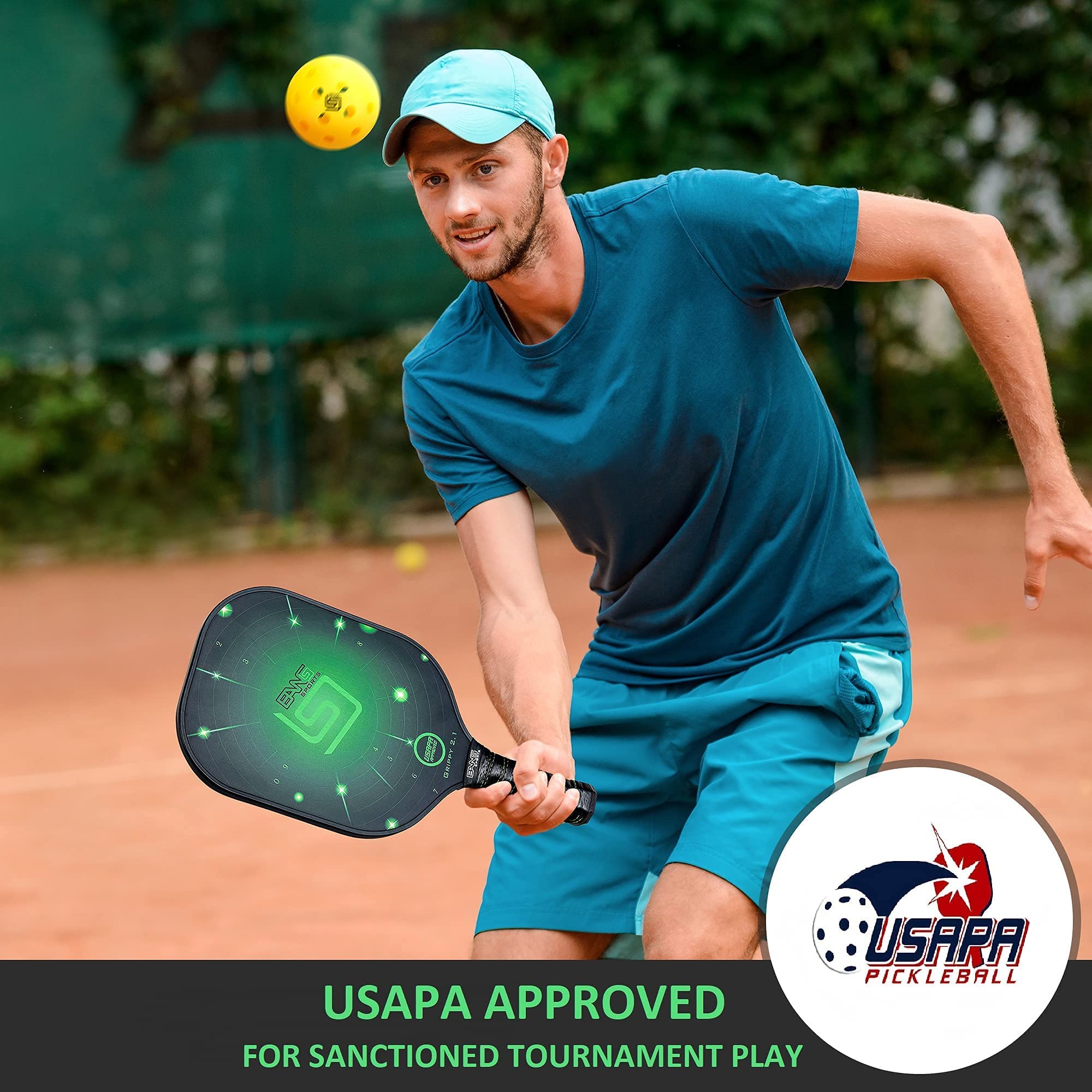 Bang Sports Pickleball Paddles Set of 2 Graphite Rackets - USAPA Approved - Best Quiet Carbon Fiber Surface - Advanced Honeycomb Polymer core - Paddles Covers - Mesh Storage Bag