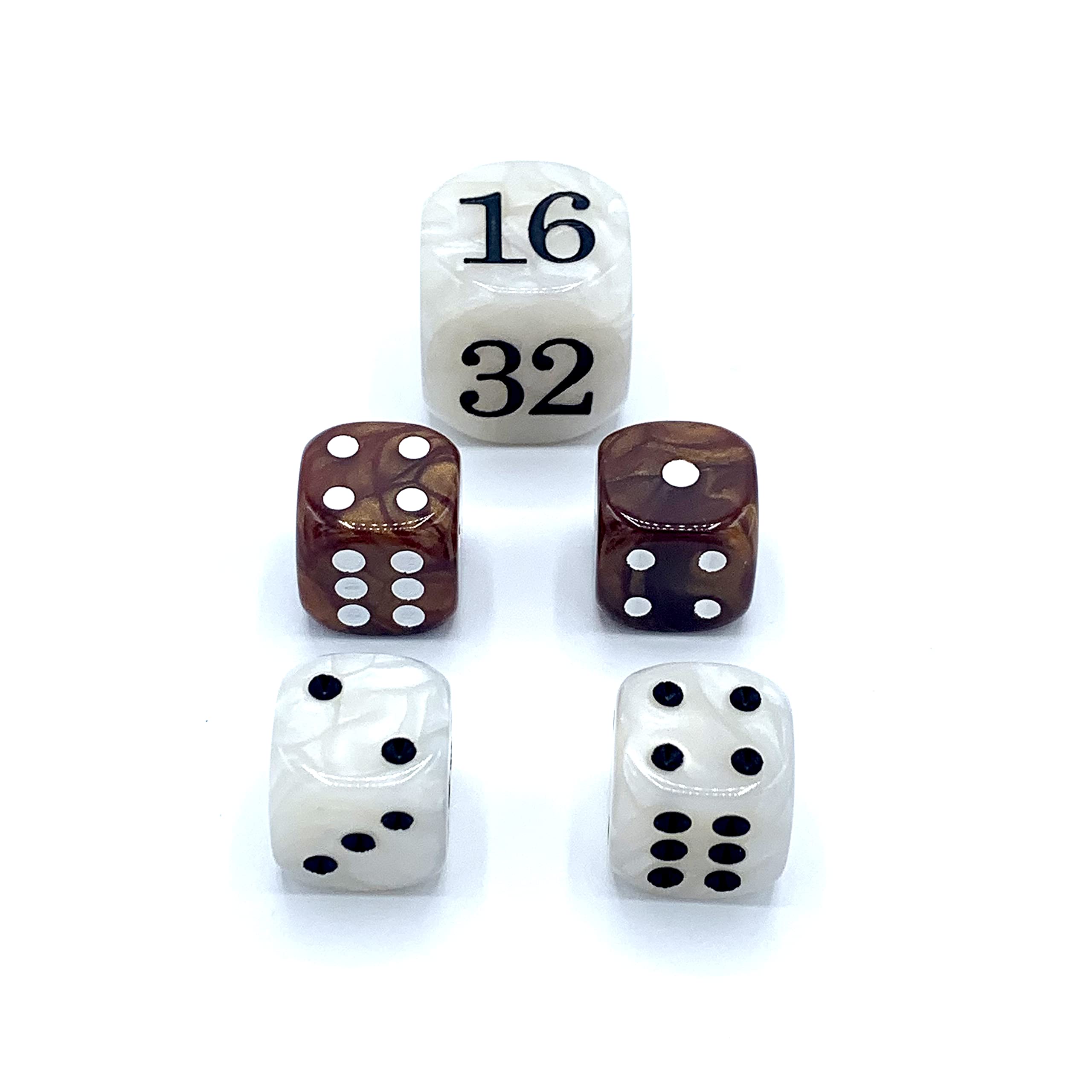 Luck Lab Backgammon Pearl Dice Set - 22 mm Doubling Cube Plus Four 16 mm Dice with Storage Bag, Brown/White Marbelized