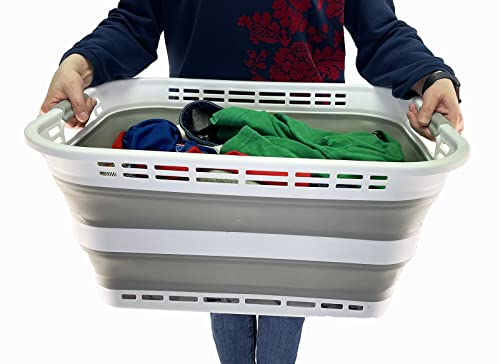 SAMMART 42L (11 Galloons) Collapsible Plastic Laundry Basket - Foldable Pop Up Storage Container/Organizer - Portable Washing Tub - Space Saving Hamper/Basket [BPA Free] (White/Grey)