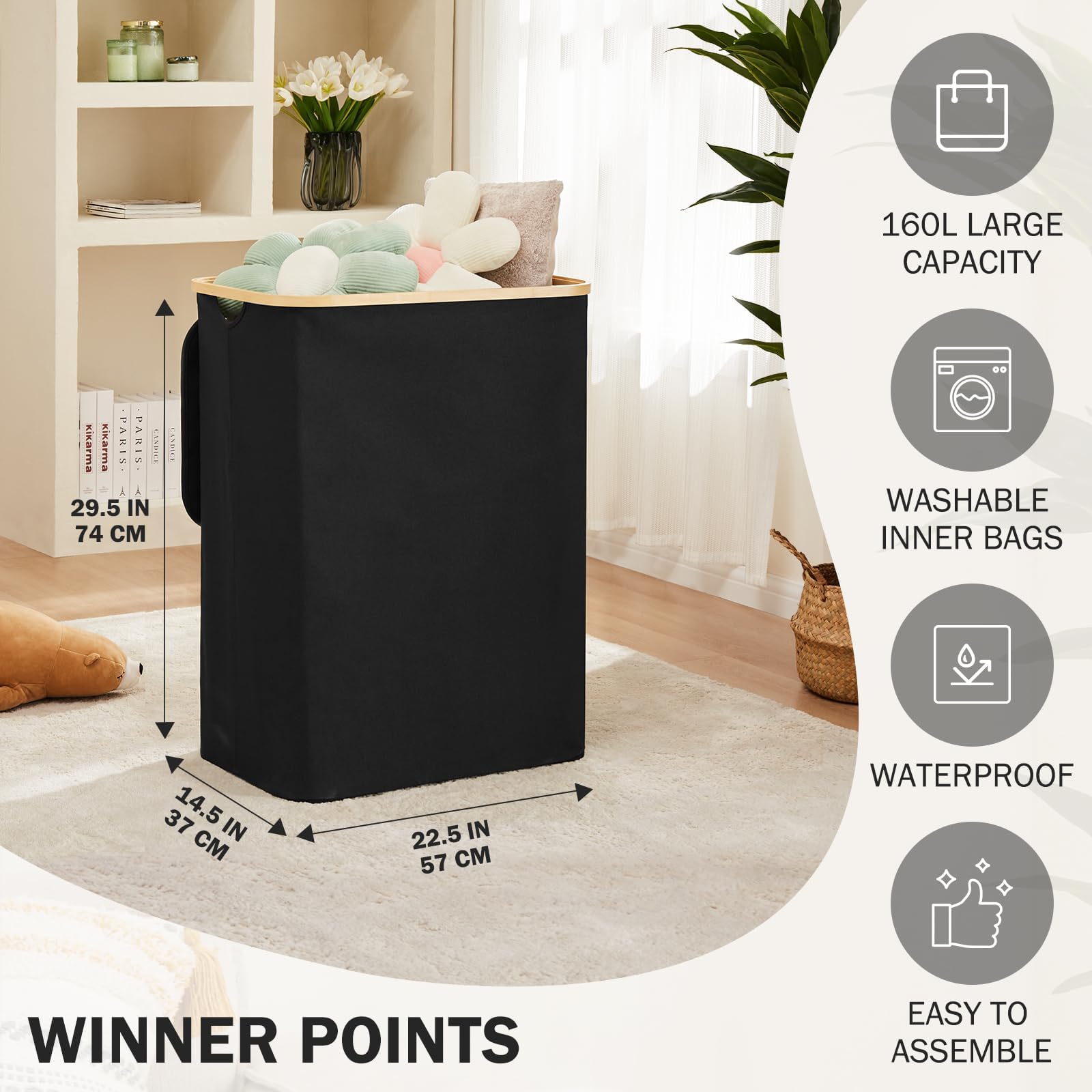 Laundry Hamper with Lid, 160L Extra Large Hamper for Laundry Basket with lid, 3 Section Storage Dirty Clothes Hamper with Removable Bags for Bathroom, Bedroom, Blanket, Toys, White