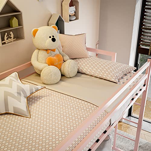 IKIFLY Junior Metal Twin Loft Bed Frame/Two Build-in Ladders & Safety Guard Rail - for Adults/Teens - Easy Assembly, Space-Saving Design - White