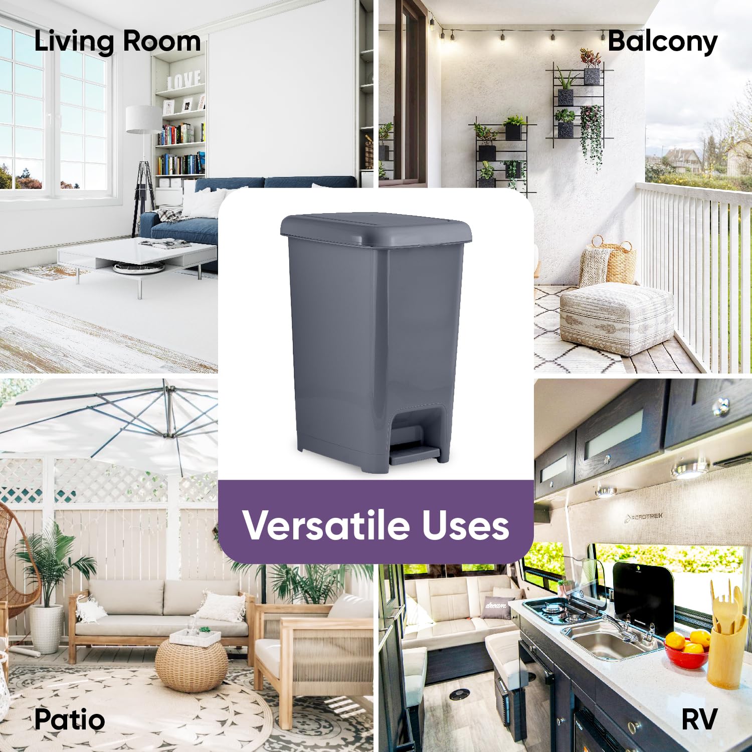 Superio Slim Trash Can with Foot Pedal β 2.5 Gallon Step-On Trash Can with Lid, Small Plastic Garbage Can, Mini Trash Can for Bathroom, Kitchen, Office, Under Desk, Bedroom, Dorm β Onyx Grey, 2