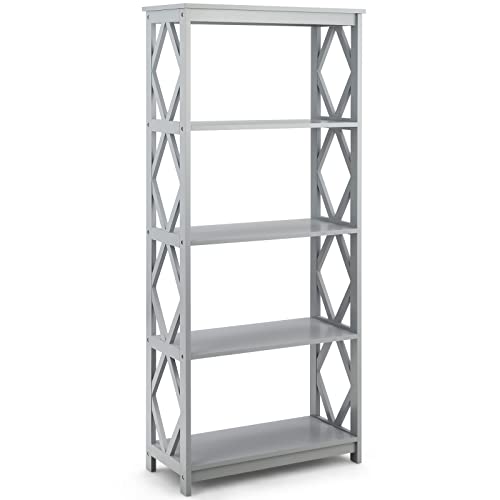 Giantex 5-Tier 61" Tall Wooden Bookshelf - Modern Freestanding Open Shelving Storage Display Shelf with Anti-toppling Device, Easy Assembly Bookcase Shelf Rack for Bedroom, Living Room, Grey