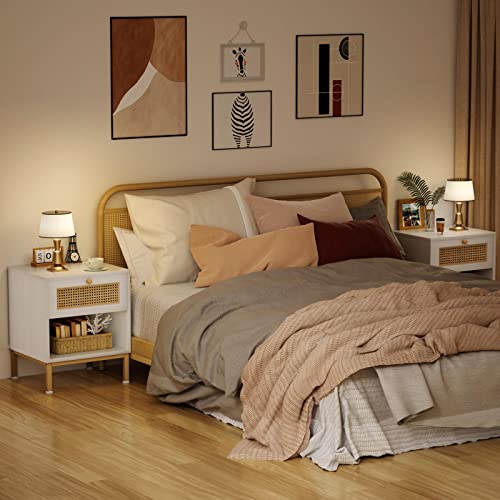 Ecoprsio Nightstands Set of 2 for Bedroom, Boho Bed Side Table with Storage Drawer, Mid-Century Modern Night Stand with Wood Finish and Rattan Drawer, End Table, Sofa Couch Side Table - White