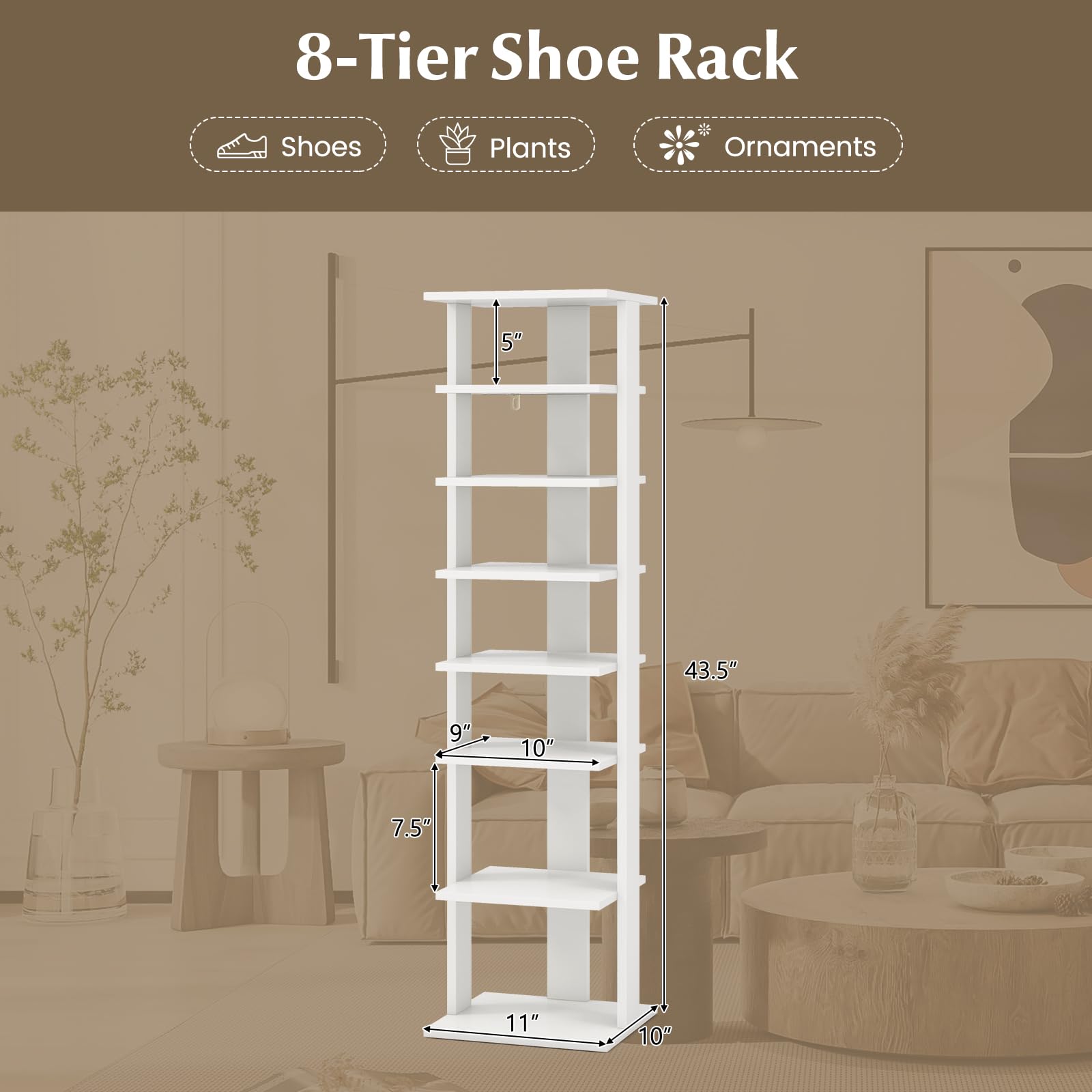 COSTWAY 8-Tier Vertical Shoe Rack, Tall Narrow Shoe Storage Organizer with Removable Shelf for Boots, Anti-Tipping Kit, Space-Saving Shoe Stand with for Small Place, Entryway (White)