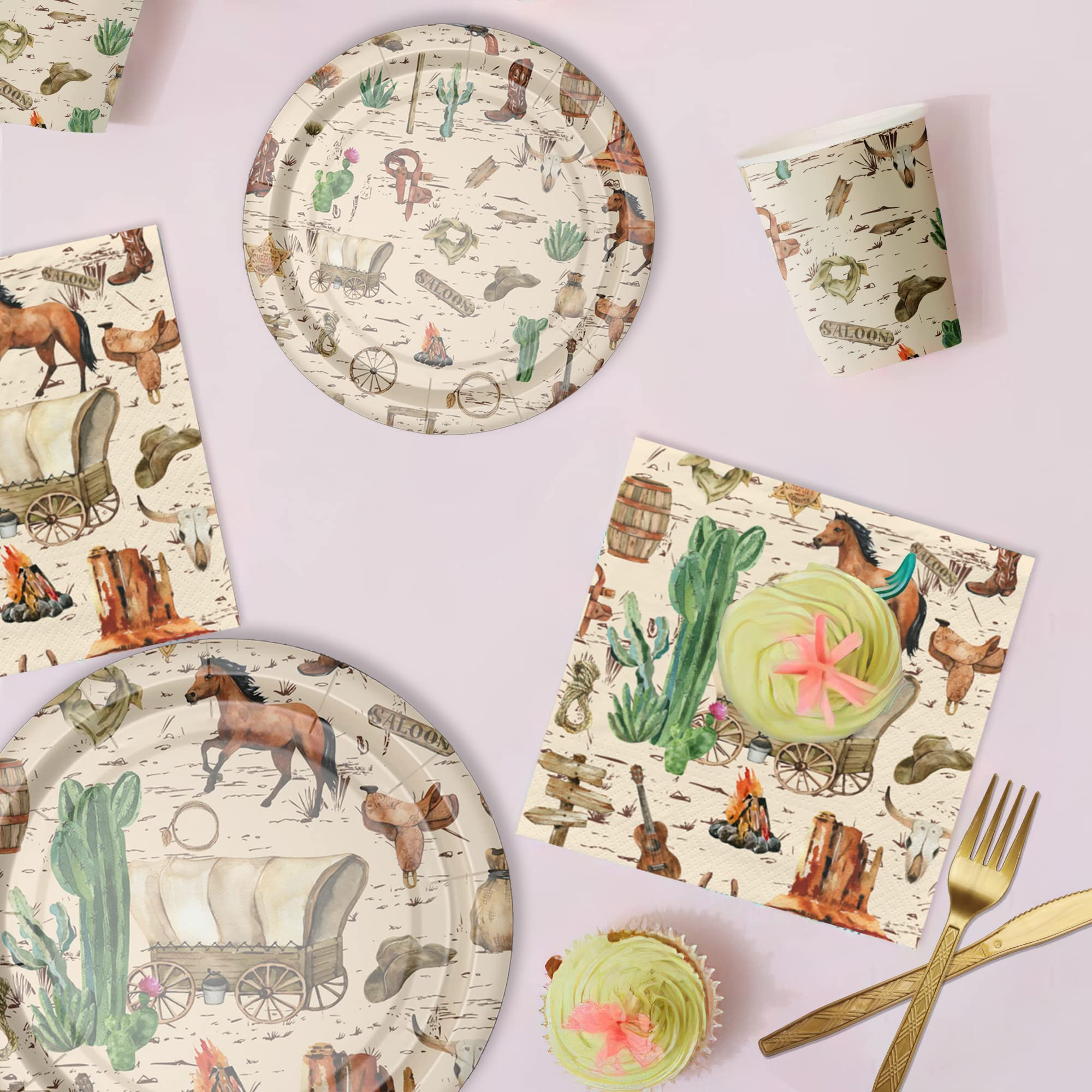 HIPVVILD Western Cowboy Party Decorations Tableware For Birthday & Baby Shower - Wild West Party Supplies, Plate, Cup, Napkin, Tablecloth, Cutlery, Straw, Rodeo Party Decorations Dinnerware | Serve 24