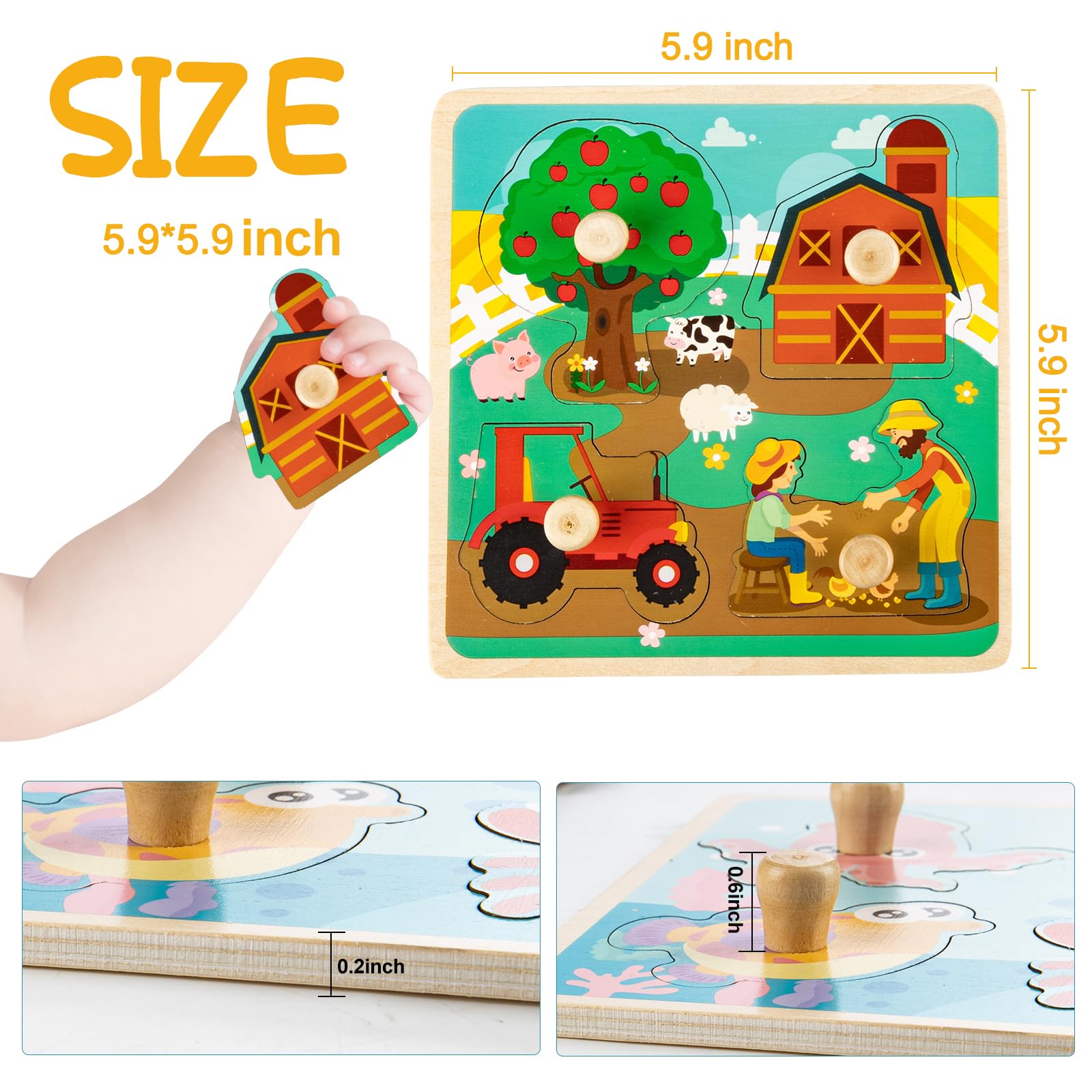Funsland Wooden Peg Puzzles 4 Pcs Animal Patterns Puzzles Infant Fine Motor Skill Wood Puzzle Set for 1 2 3 Years Old