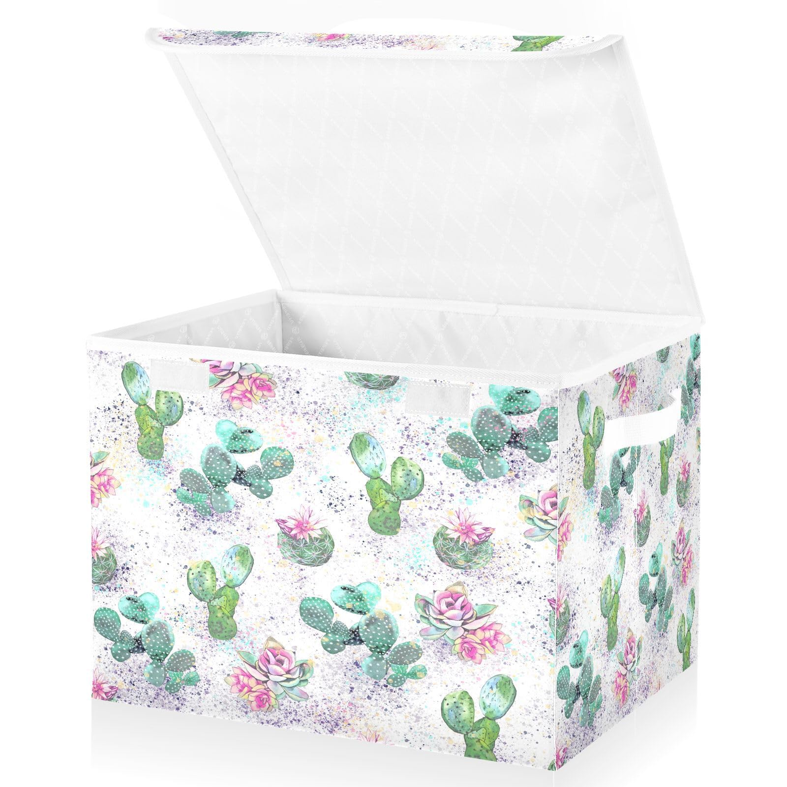 BOESI Cactus with Flowers Foldable Storage Baskets Fabric Boxes with Handle Organizers with Flip-Top Lids Storage Bins for Home Bedroom Office
