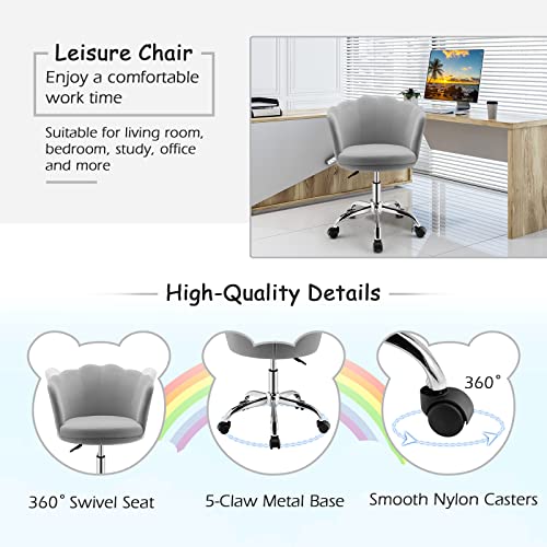Giantex Kids Desk Chair, Comfy Home Office Task Chair with Wheels, Upholstered Velvet Seashell Back Vanity Chair, Cute Modern Computer Chair for Girls, Adjustable Swivel Rolling Arm Chair, Grey