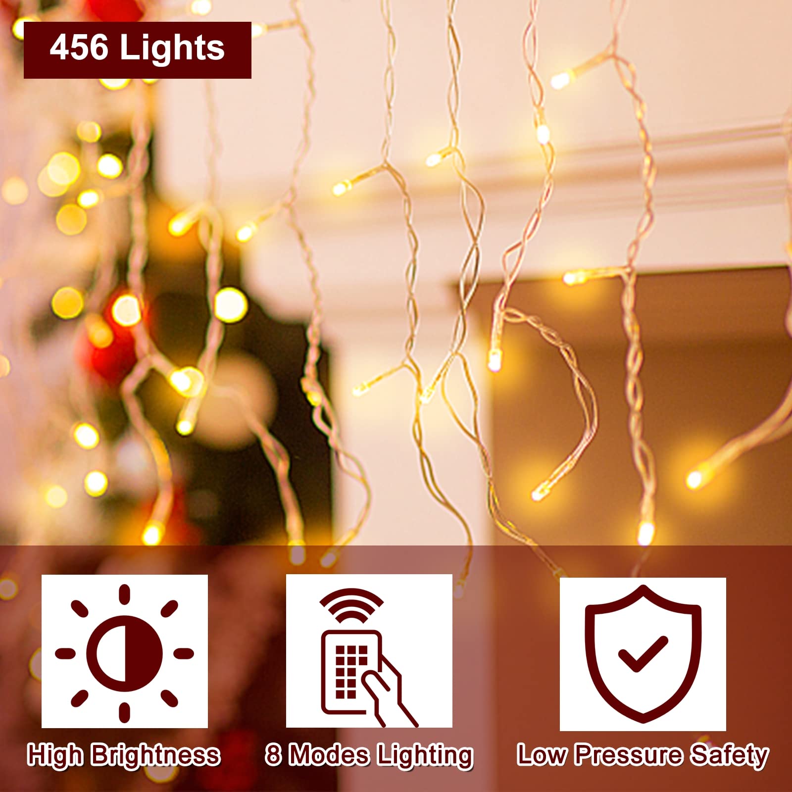 MO QIU E 456 LED Christmas Icicle Lights Outdoor Decor 35.4Ft 72 Drops 8 Modes Plug In Window Curtain Fairy String Dripping Light Decoration Home Holiday Indoor Eave Garden (Warm White)