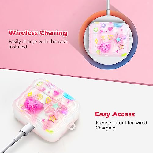 Cute AirPods 3 Case with Love Pendant Colorful Round Bead Keychain, Glitter 3D Stars Design Soft Protective Cover Compatible with AirPods 3rd Generation Case for Girls and Womens