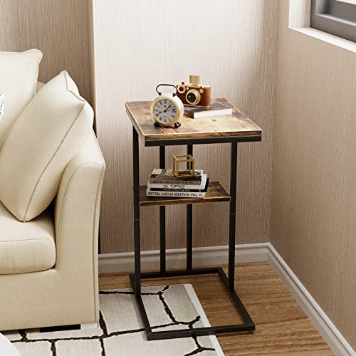 Easy Paws C Table End Table, Couch Side Table, C Shaped End Table for Sofa, Small Side Table Rustic Snack Table for Small Spaces, Living Room, Bedroom(Brown)…