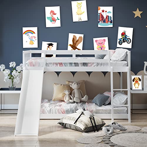 GORELAX Twin Over Twin Size Bunk Bed with Slide, Loft Low Bunk Beds, Wood Floor Bed Frame with Ladder & Guardrail, No Box Spring Needed, Space-Saving Modern Bunk Bed for Kids, Adults (White)