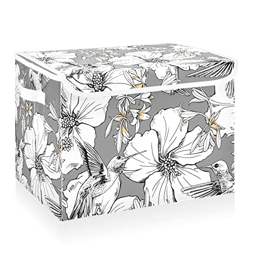 CaTaKu Hibiscus Floral Gray Storage Bins with Lids and Handles, Fabric Large Storage Container Cube Basket with Lid Decorative Storage Boxes for Organizing Clothes
