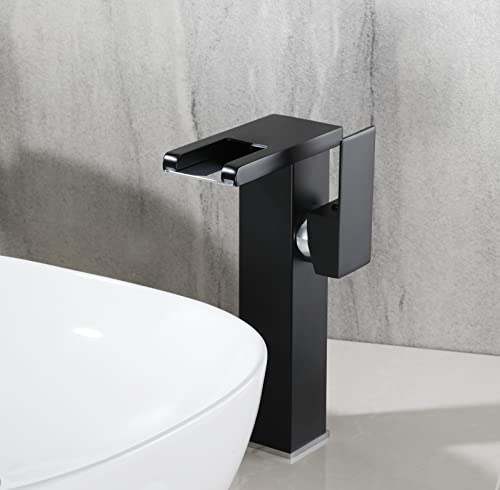 Black Bathroom Vessel Faucet Led Light 3 Color Changing Waterfall Single Handle One Hole Bowl Sink Faucet Vanity Lavatory Deck Mount Mixer Tap Tall with Pop Up Drain Without Overflow and Supply Lines