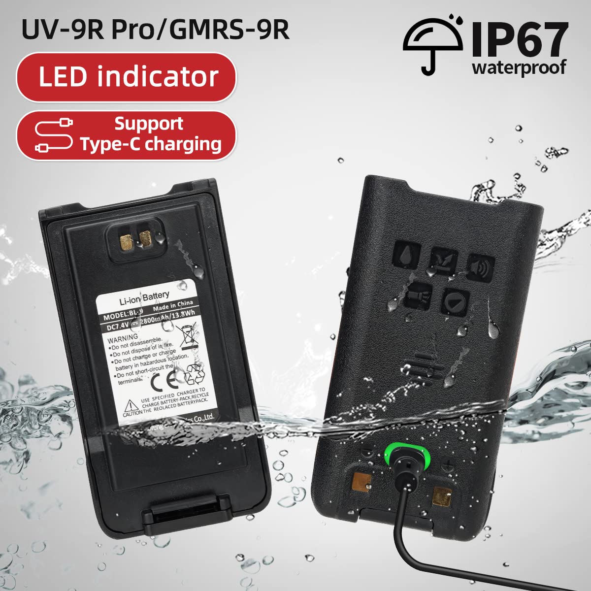 BAOFENG UV-9R Pro Radio Handheld Two Way Radio Dual Band Waterproof Transceiver Long Range Walkie Talkie Rechargeable with Type-C Charger