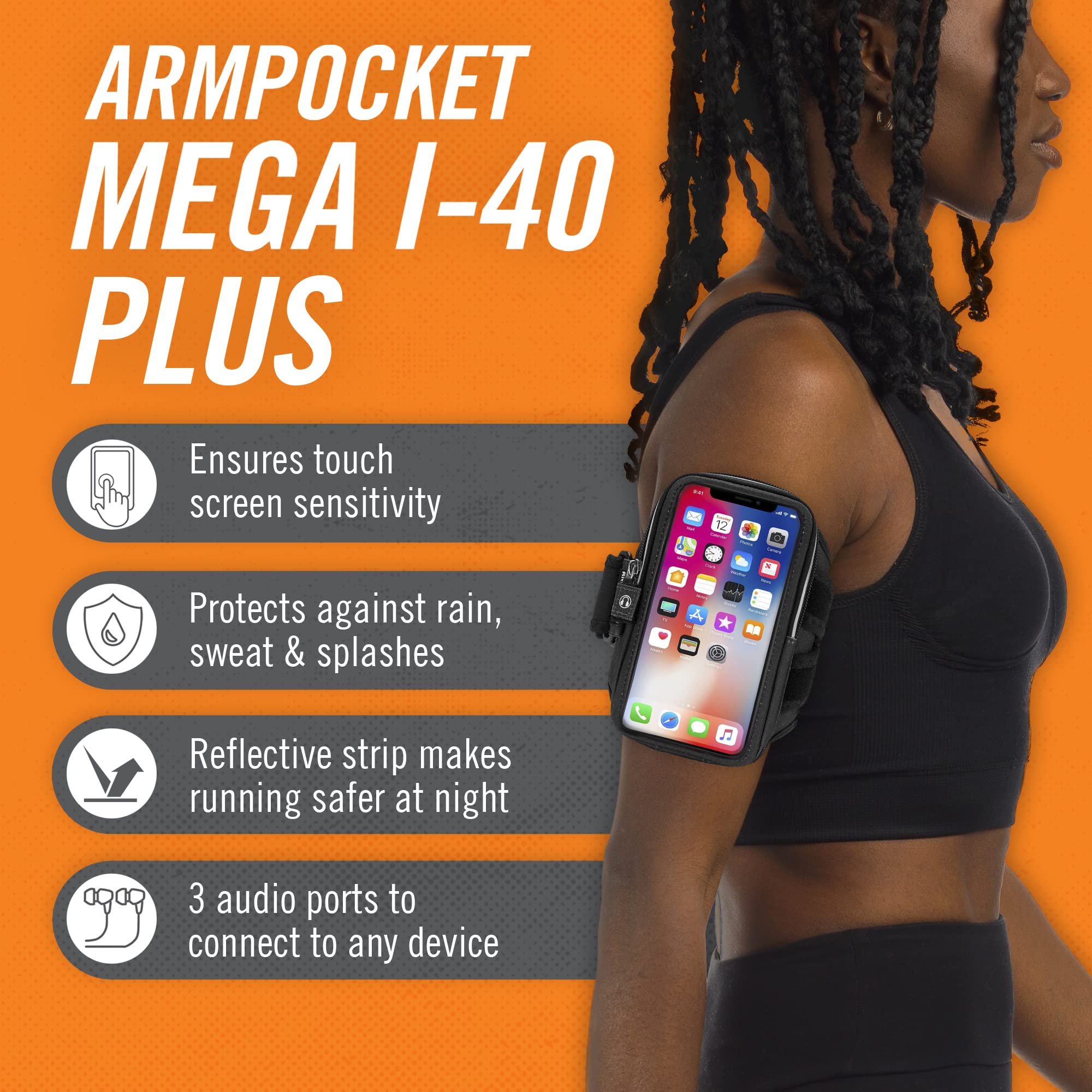 Armpocket® Mega i-40™ Plus armband for iPhone 8/7/6s/6 Plus, Galaxy S8+, Note 8, Google Pixel 2 XL/XL with cases or other phones and cases up to 7"