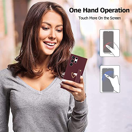 Fiyart Galaxy S22 Ultra 6.8" Love Hearts Case - Slim, Shock-Absorbent, Wine Red, with Stand & Wrist Strap