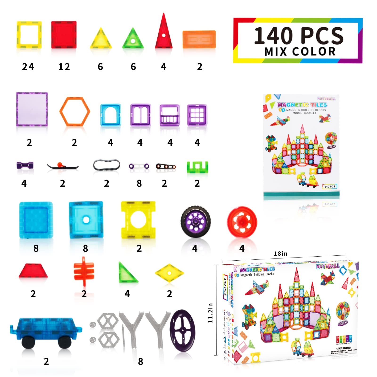 NUTSBALL Magnetic Tiles 140 PCS, Magnet Building Blocks for Kids, STEM Construction Set, Educational Learning Toys for Toddlers, Birthday Gifts for Children Ages 3 Years +