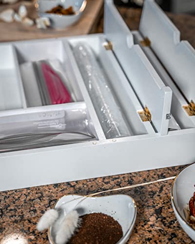 EDGE LINE White Bamboo Ziplock 6 Slot Storage Organizer - Food Storage Bags Organizer with 3 Doors - Kitchen Plastic Bags Storage - Gallon, Quart, Sandwich, Snack, Plastic Wrap, and Aluminum Foil