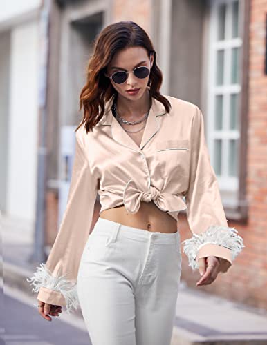 Ekouaer Women's Feather Trim Silk Satin Pajamas Set Long Sleeve Lounge Sets Comfy Long Sleeve Sleepwear Party Pjs Champagne L