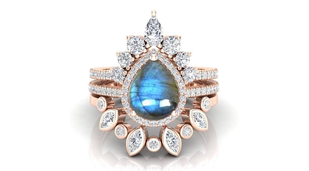 Blue Fire Cab Stone Natural Labradorite Engagement Ring Set, Antique 3Pcs Wedding Bridal Ring Set,Vintage Halo Ring Set, Teardrop Stone Ring