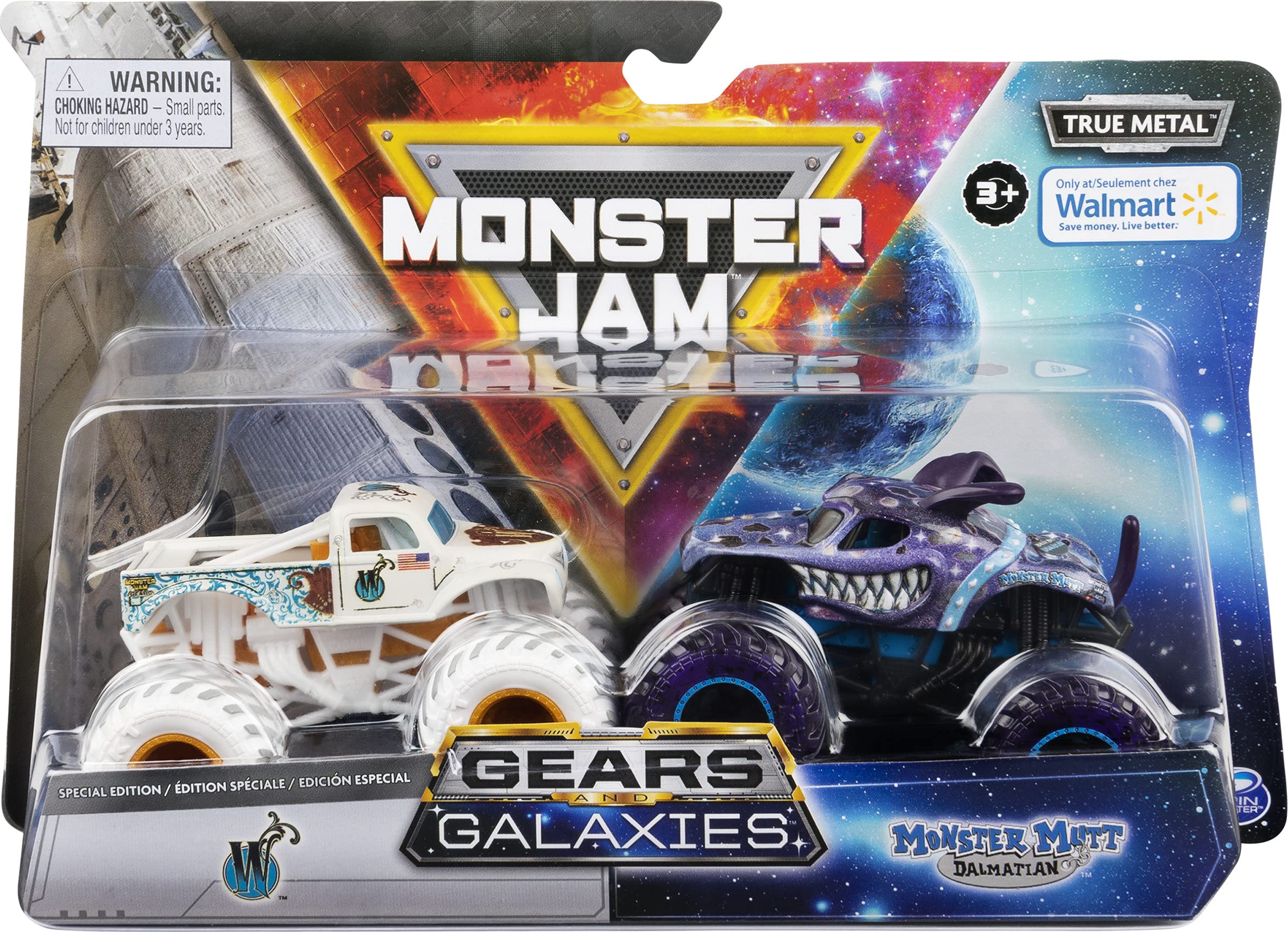 Monster Jam 2021 Spin Master 1:64 Diecast Exclusive Gears and Galaxies 'W' Whiplash vs Monster Mutt Dalmatian