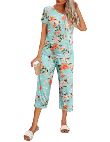 Ekouaer Women's Pajamas Short Sleeve Sleepwear Tops and Capri Pants Cute Print Pajama Sets with Pockets Green Flowers