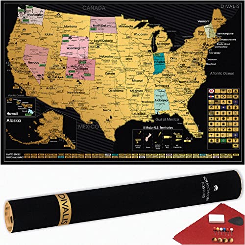 Detailed Scratch off USA Map with Scratcher - 24x16 Easy to Frame 63 National Parks Scratch Off Travel Poster of the United States of America - Large Scratchable US Map with Landmarks and States Flags