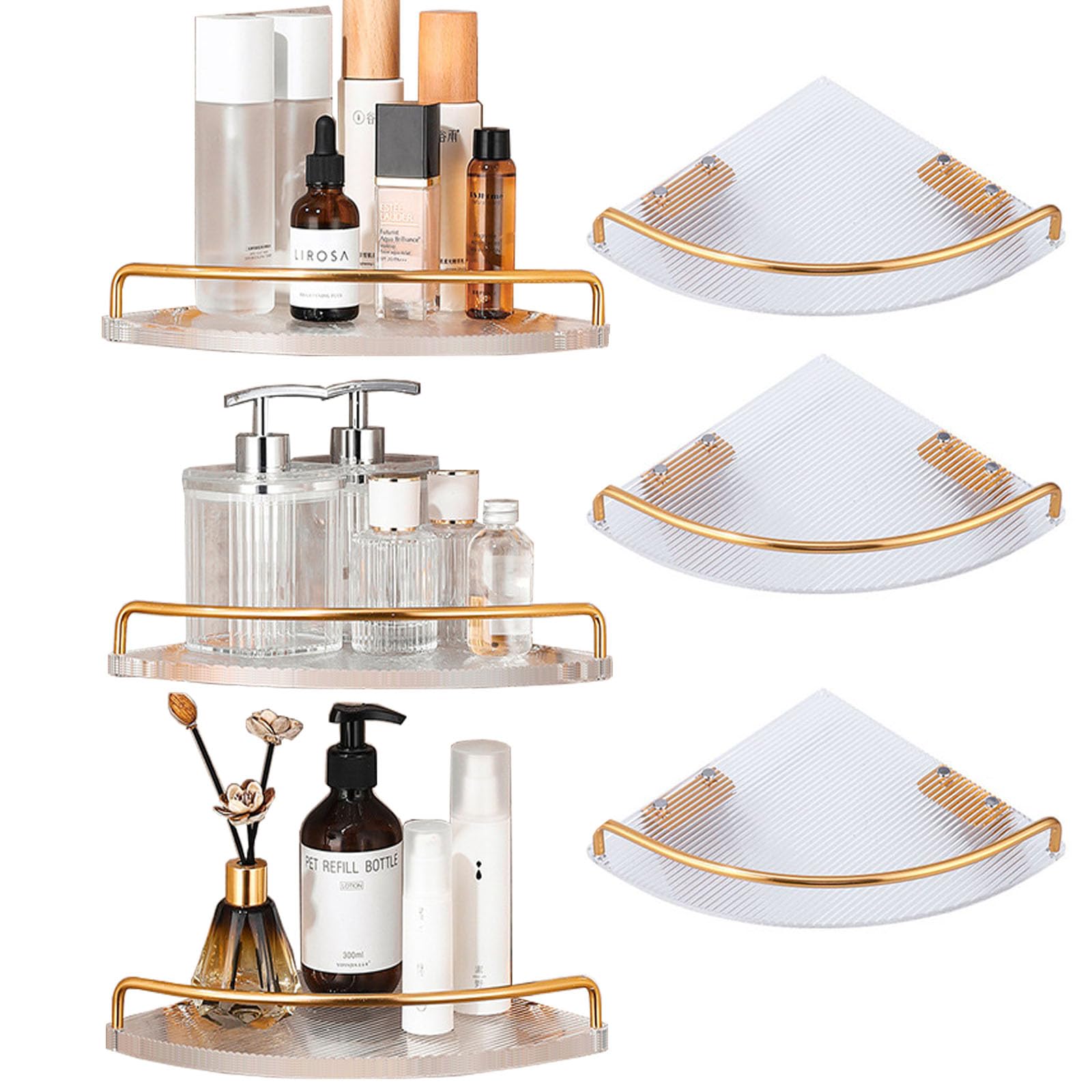 V-HOME Corner Shelf Wall Mount, Set of 3 Floating Corner Shelf Shower Corner for Bathroom Storage 3 Tier Corner Display Rack Shower Caddy (Acrylic Gold)