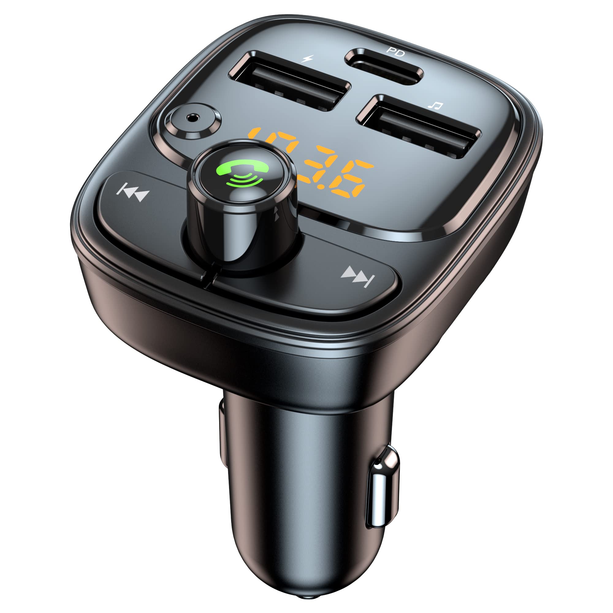 Bluetooth FM Transmitter for Car, Wireless Radio Adapter MP3 Player Stereo Music Hands Free Car Kit, USB C Car Charger for iPhone Samsung Cell Phone, PD 24W & 5V/2.4A, Support TF Card/U Disk (Black)