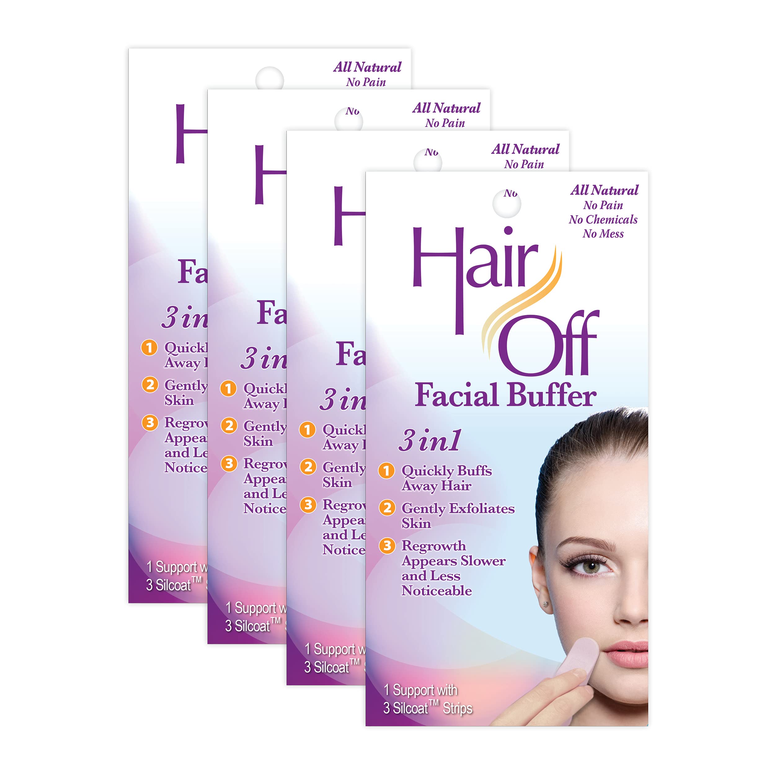 Hair Off Facial Buffer - Painless & Chemical Free Facial Hair Remover & Gentle Face Exfoliator - Hair Eraser to Slow Regrowth on Chin, Lip & Cheeks (3 Buffers Per Box, Pack of 4)
