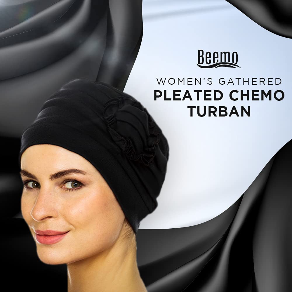BEEMO Women’s Gathered Pleated Cancer Chemo Turban - Comfortable and Stylish - White