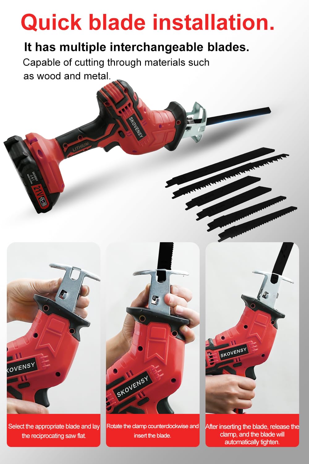 Cordless Reciprocating Saw, 2 x 2.0Ah Battery, Cordless Variable Speed, Blades Kit for Wood/Metal/PVC Cutting RED-A