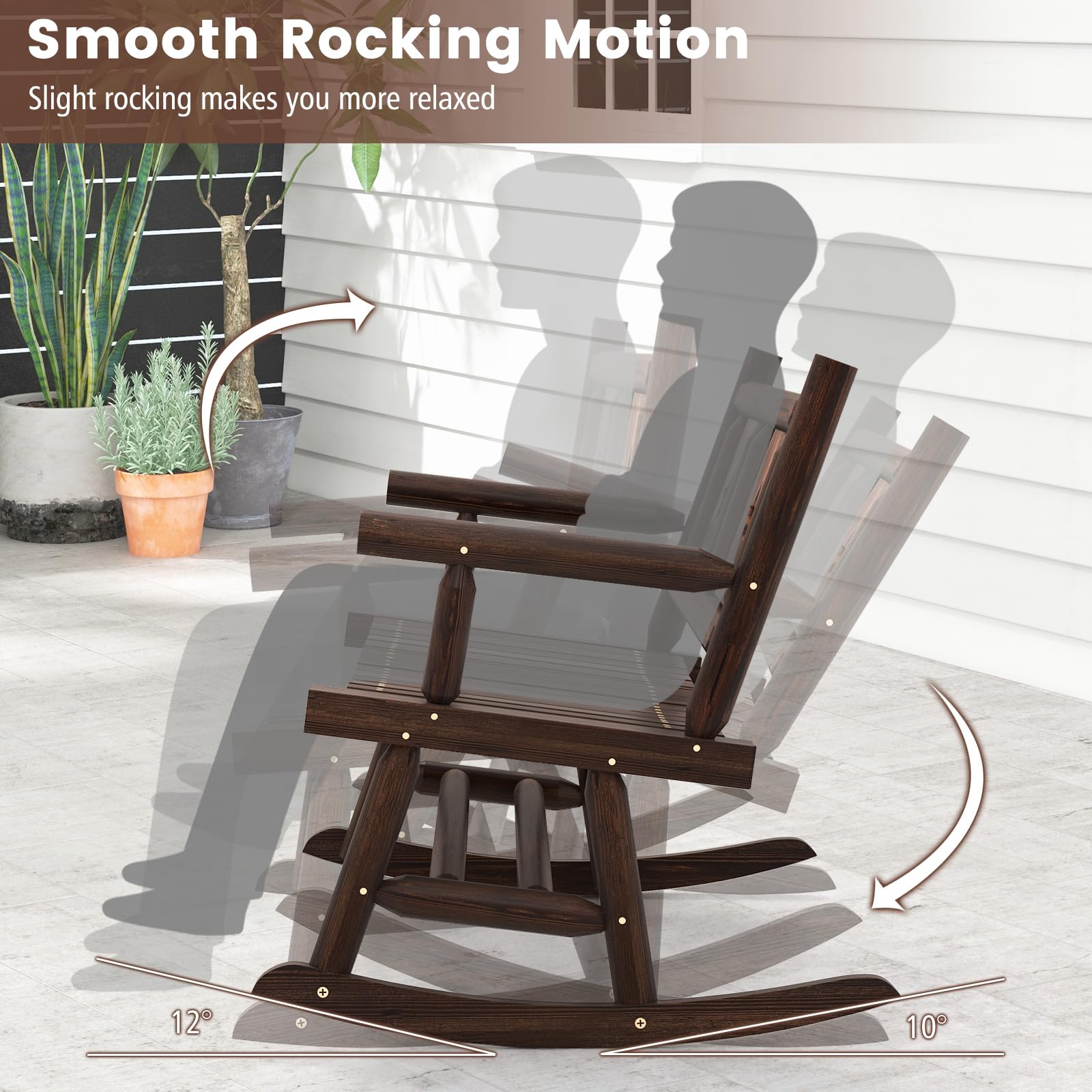 Tangkula Patio Rocking Bench, Carbonized Wood Double Rocker Chair with Ergonomic Seat, 2-Person Solid Wood Rocking Loveseat for Backyard, Porch, Garden, Rustic Farmhouse Style (1, Rustic Brown)