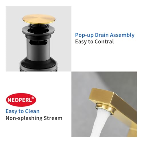 BRAVEBAR Brushed Gold 2 Handle Bathroom Faucet - 4In Centerset Faucet Bathroom | Modern Brass Faucets for Bathroom Sink with Pop Up Drain Assembly & 360° Swivel Spout Gold