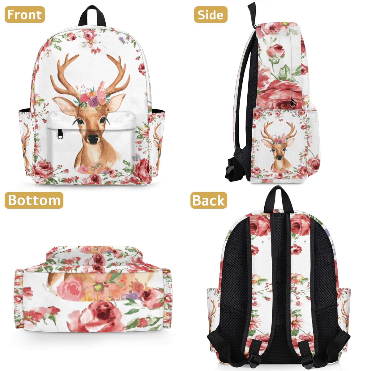 Bardic Backpack for Kids Kindergarten Boys Girls Backpack Metal Double Zipper Lightweight School Bookbag Travel Backpack - Cute Deer Flower Rose