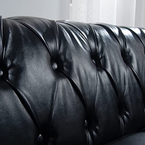 Faux Leather Couch, Modern Chesterfield Sofa Couch, Large 3 seat Couch, Sofas for Living Room, Apartment and Office Couch.(Black Sofa)