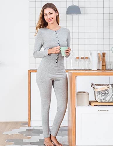Ekouaer Bandage One Piece Pajama Romper Long Sleeve Jumpsuit Sleepwear For Women,Gray,Medium
