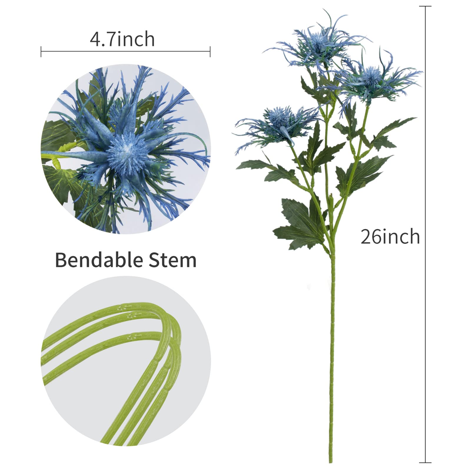 LUZOGA 3 Branch Blue Artificial Thistle Flower Bouquet for Home Wedding Centerpiece Kitchen Office Garden Decor