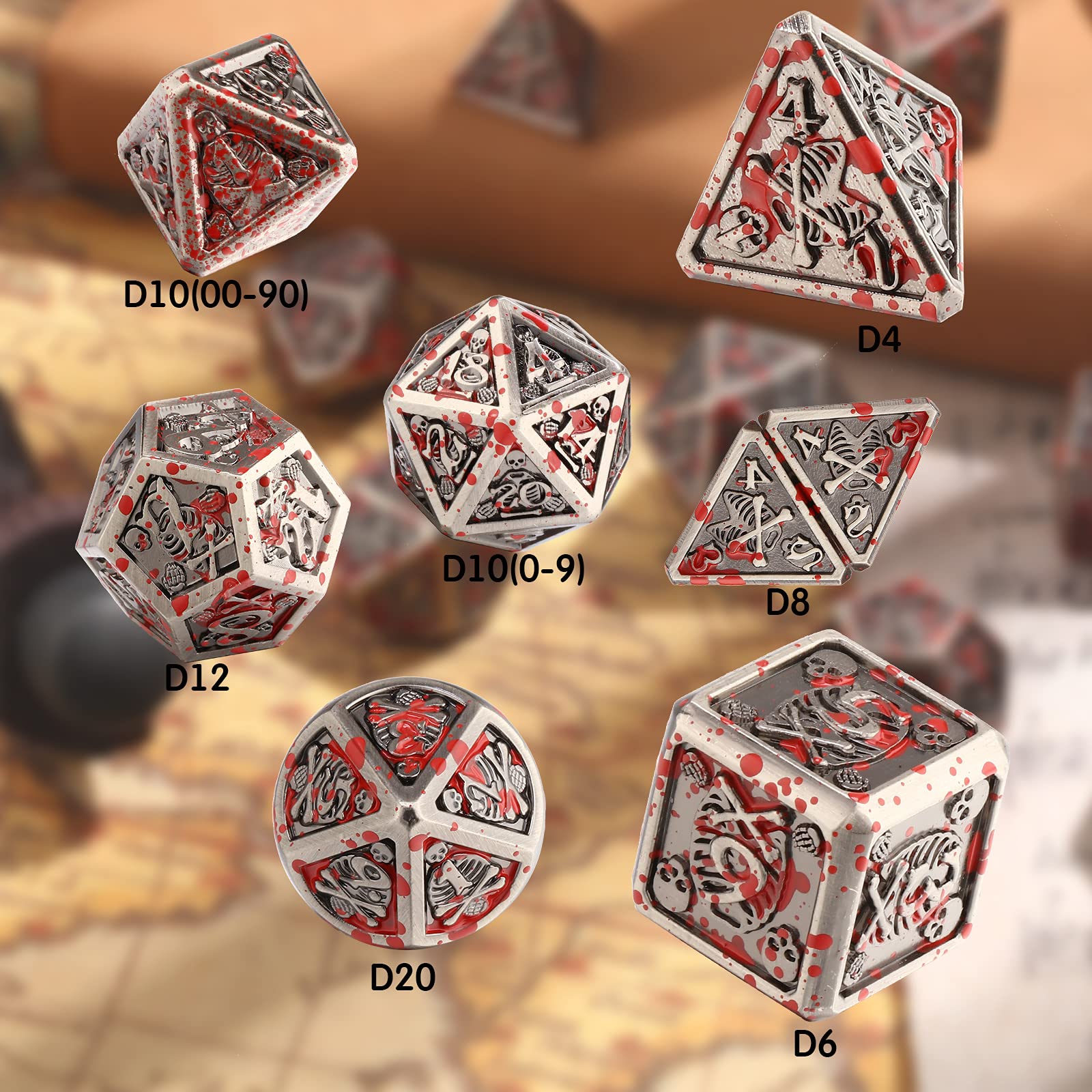 Halloween Dice Set Bloodstained Metal Polyhedral Gaming Dice Set Engraved Skeleton Dice for Tabletop Role Playing Games Dungeons and Dragons